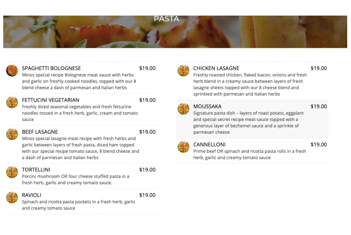 Menu at Minos Pizza restaurant, Auckland