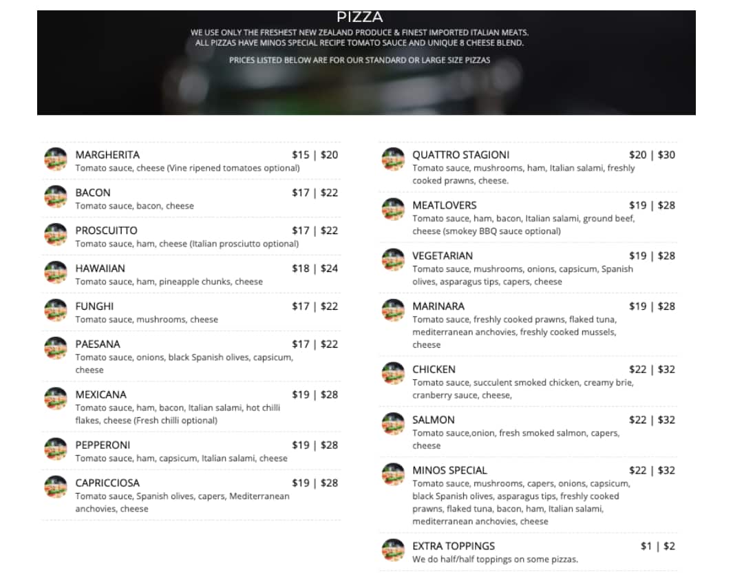 Menu at Minos Pizza restaurant, Auckland