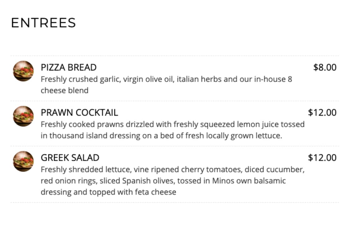 Menu at Minos Pizza restaurant, Auckland