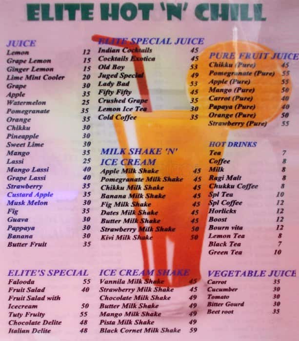 Menu at Elite Cafe, Chennai, No.1