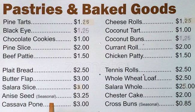 Menu at Shereen's Guyanese Bakery & Roti, Toronto