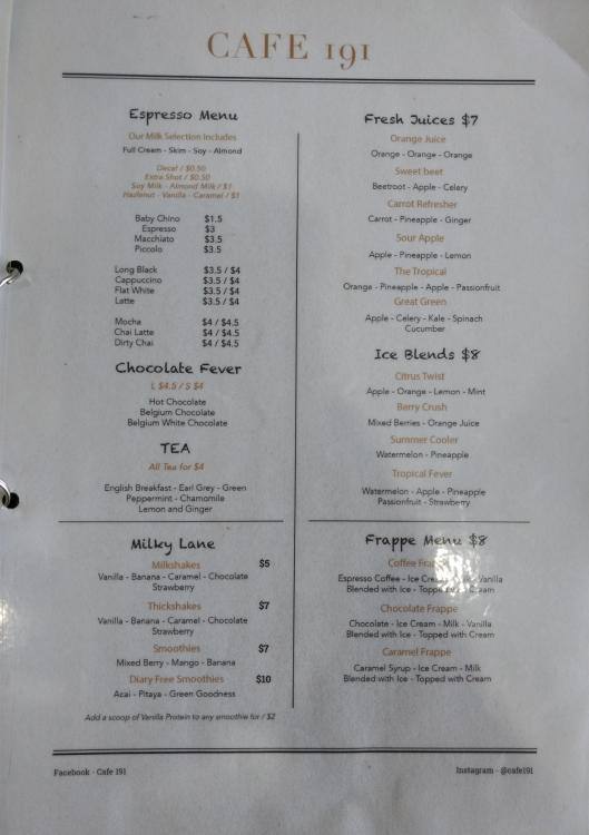 Menu at CAFE 191, Ramsgate Beach