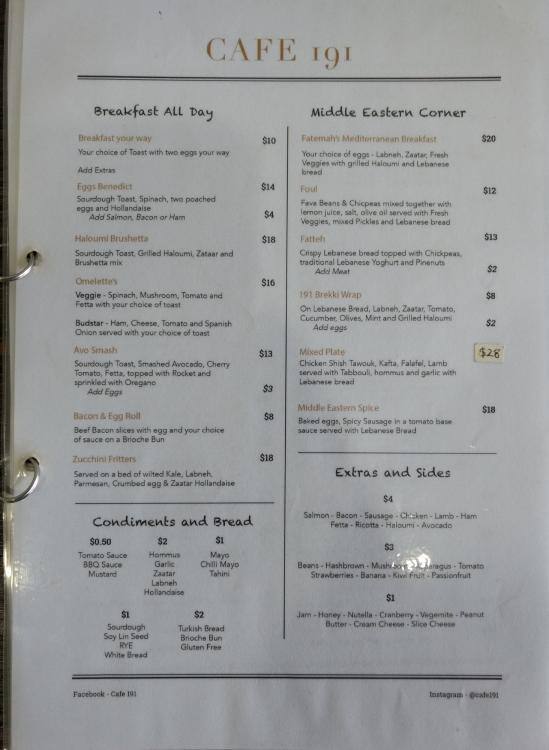 Menu at CAFE 191, Ramsgate Beach