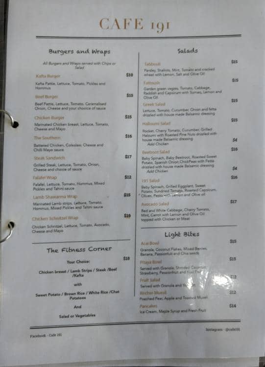 Menu at CAFE 191, Ramsgate Beach