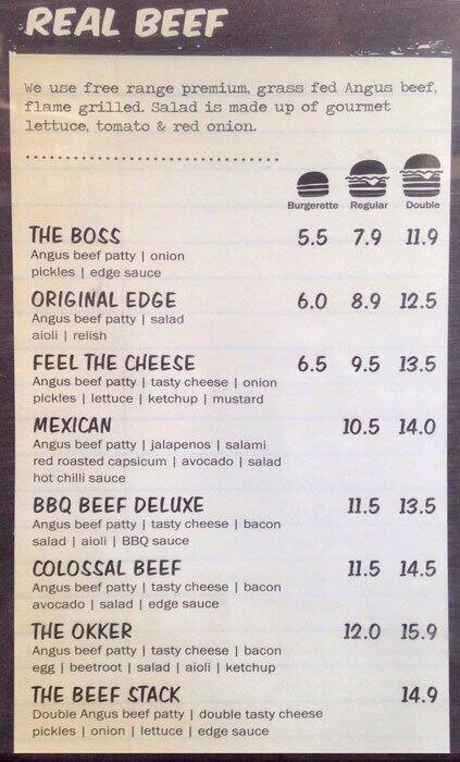 Menu at Burger Edge restaurant, Docklands, 850 Collins St