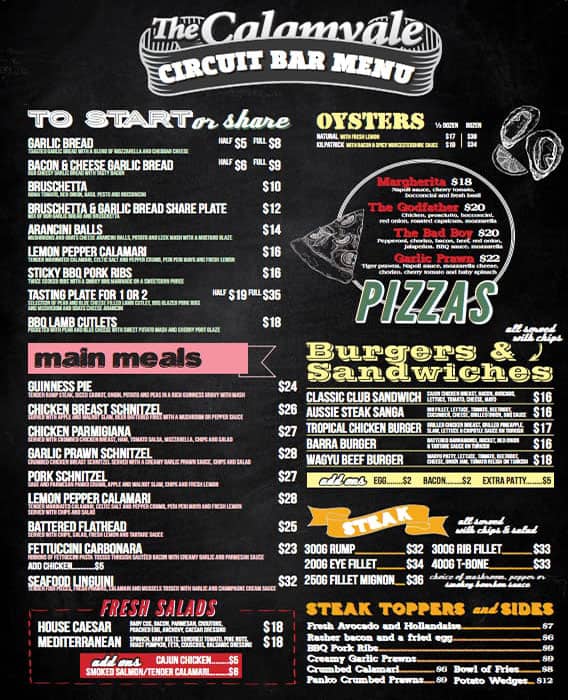 Menu at The Calamvale Hotel pub & bar, Calamvale, Compton Road