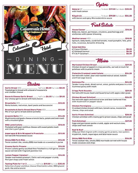 Menu at The Calamvale Hotel pub & bar, Calamvale, Compton Road