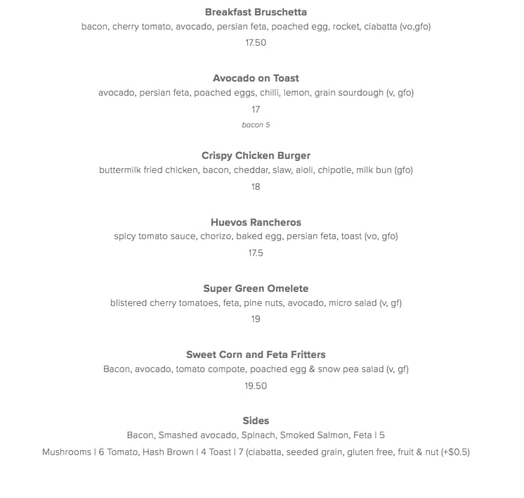 Menu at Eric Chamberlain restaurant, Cottesloe