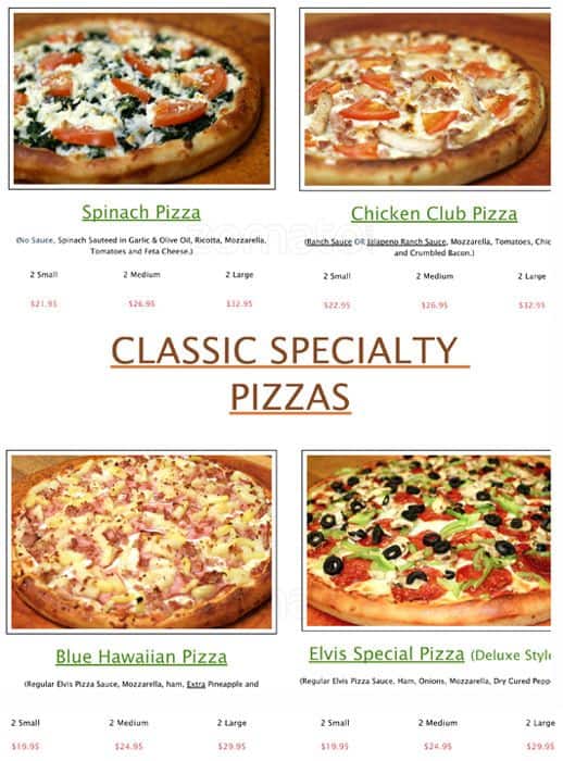 Carta de pizzería Elvis Pizza, Surrey