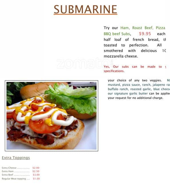 Carta de pizzería Elvis Pizza, Surrey