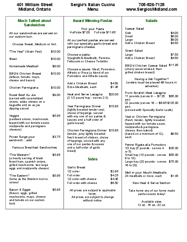 Sergio's Menu, Menu for Sergio's, Midland, Midland - Urbanspoon/Zomato