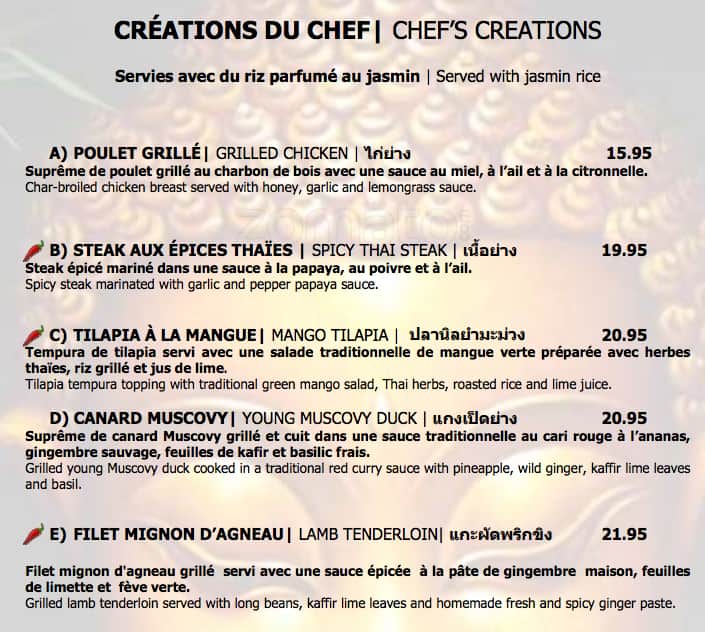 Menu at Chez Le Thai restaurant, Gatineau