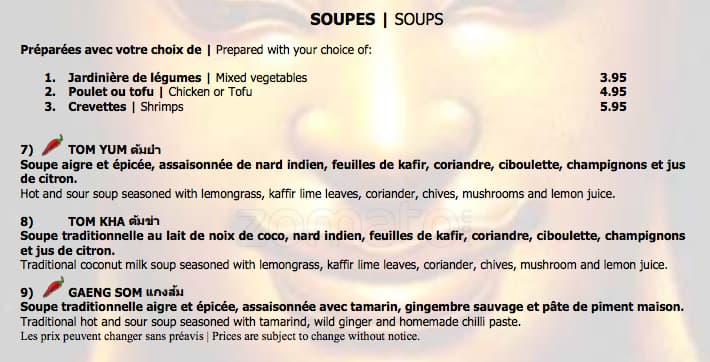 Menu at Chez Le Thai restaurant, Gatineau