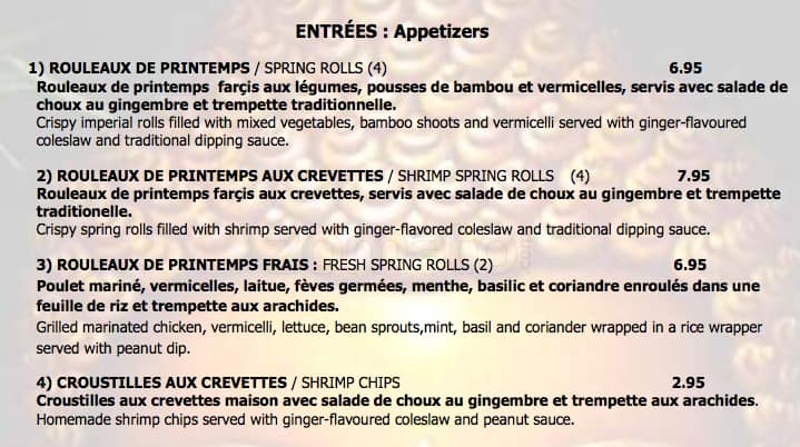 Menu at Chez Le Thai restaurant, Gatineau