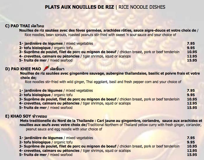 Menu at Chez Le Thai restaurant, Gatineau