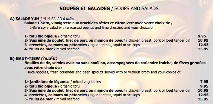 Menu at Chez Le Thai restaurant, Gatineau