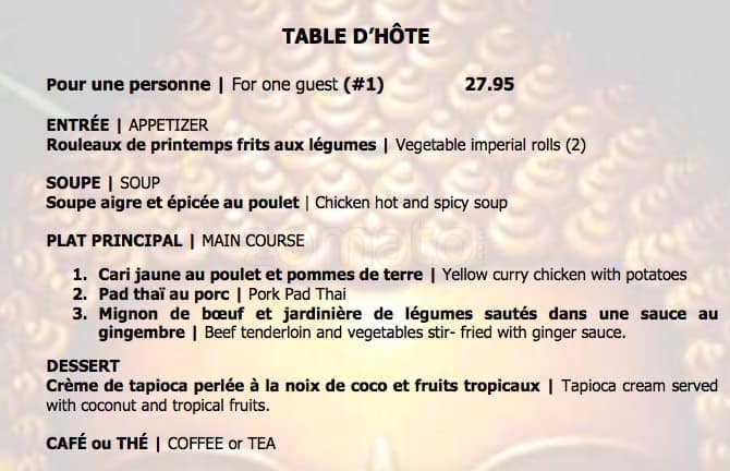 Menu at Chez Le Thai restaurant, Gatineau
