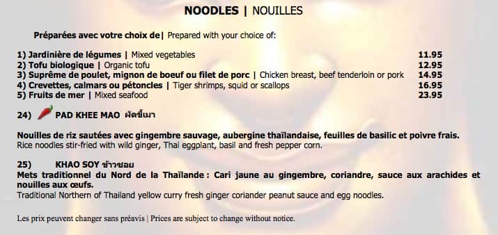 Menu at Chez Le Thai restaurant, Gatineau