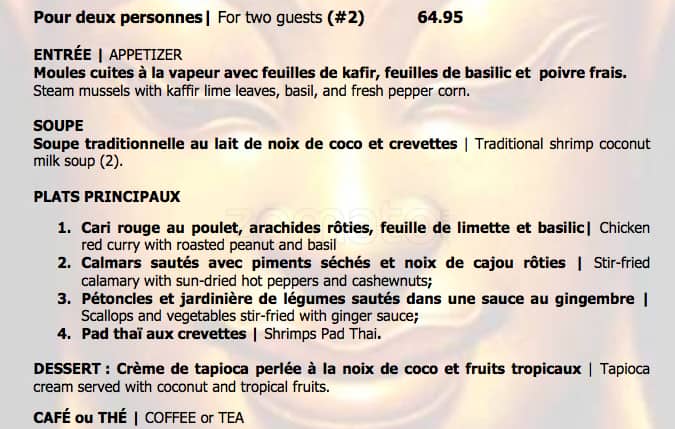 Menu at Chez Le Thai restaurant, Gatineau