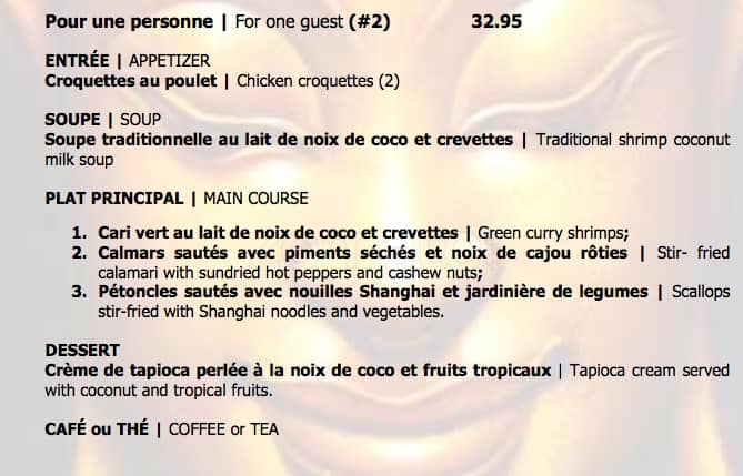 Menu at Chez Le Thai restaurant, Gatineau