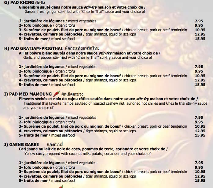 Menu at Chez Le Thai restaurant, Gatineau