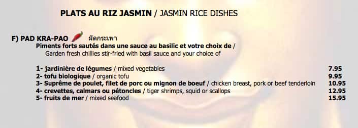 Menu at Chez Le Thai restaurant, Gatineau