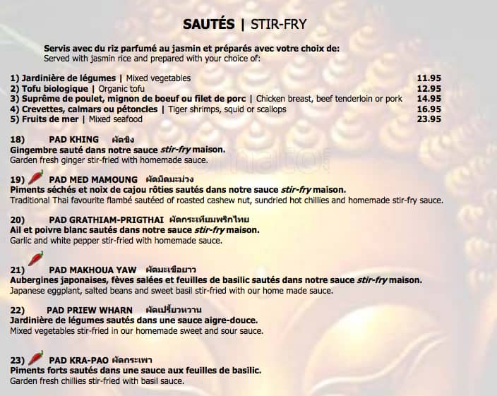 Menu at Chez Le Thai restaurant, Gatineau