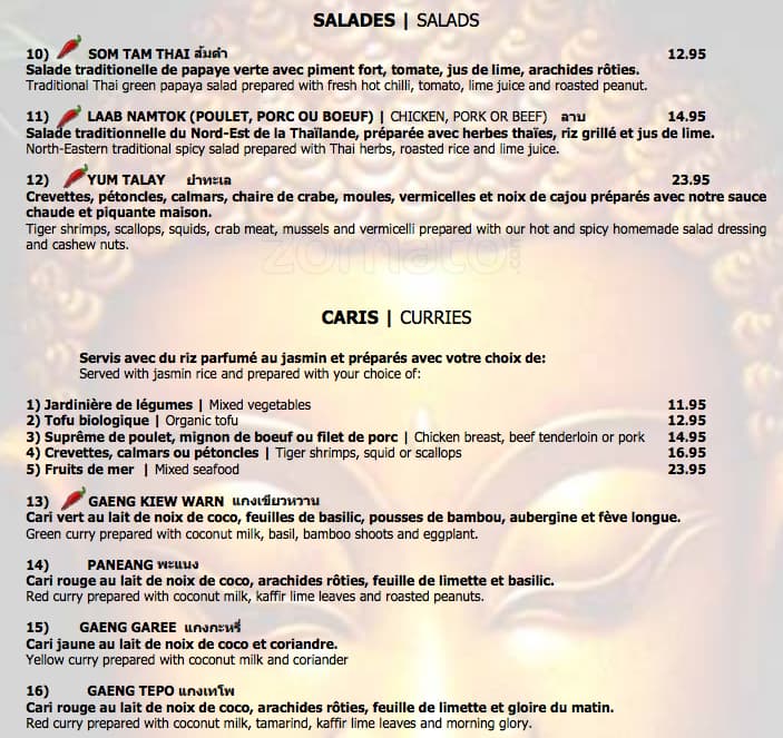 Menu at Chez Le Thai restaurant, Gatineau