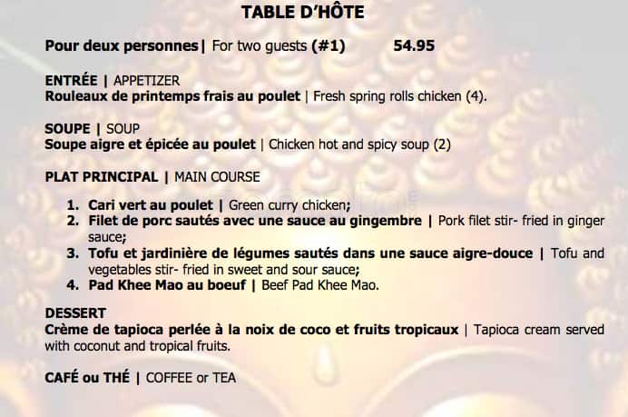 Menu at Chez Le Thai restaurant, Gatineau