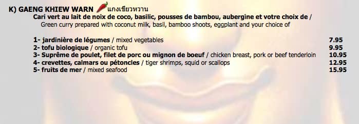 Menu at Chez Le Thai restaurant, Gatineau