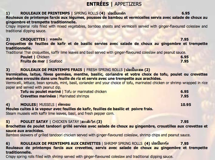 Menu at Chez Le Thai restaurant, Gatineau