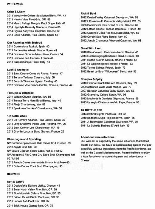 Menu at Lola restaurant, Seattle