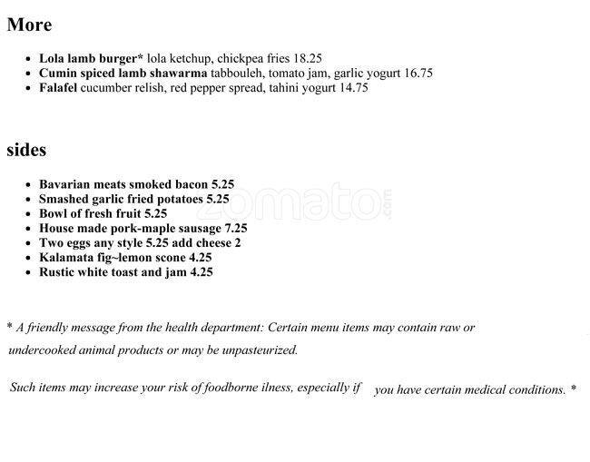 Menu at Lola restaurant, Seattle