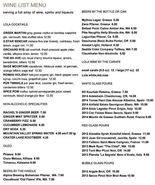 Menu at Lola restaurant, Seattle