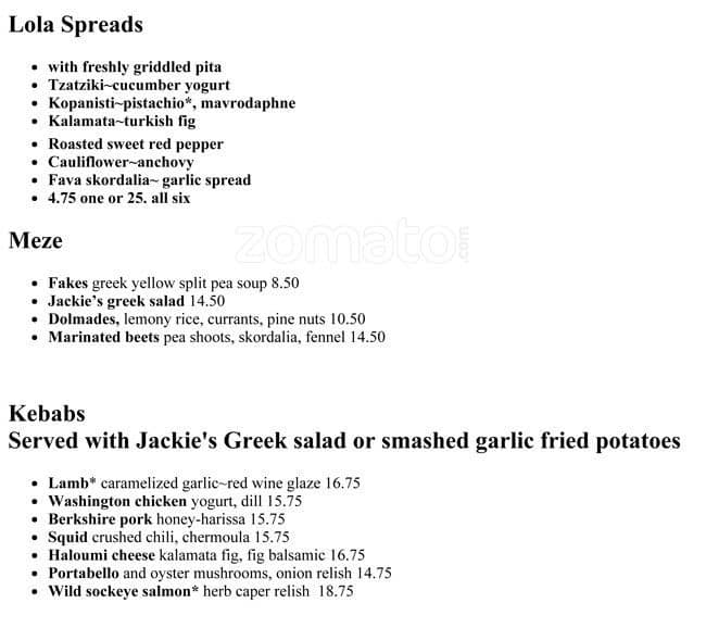 Menu at Lola restaurant, Seattle