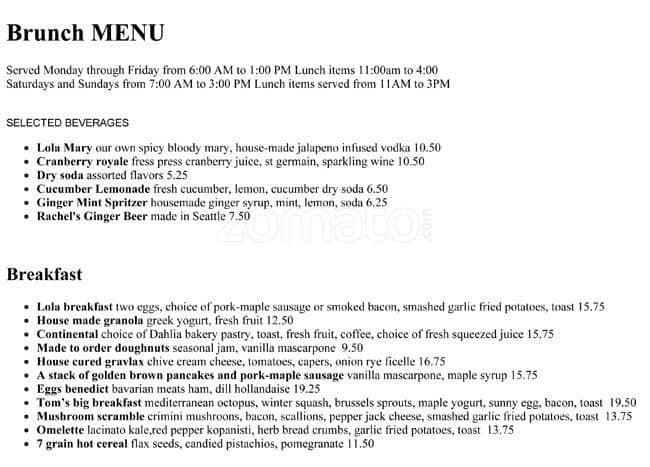 Menu at Lola restaurant, Seattle