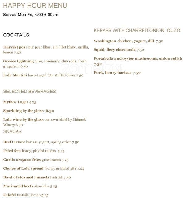 Menu at Lola restaurant, Seattle