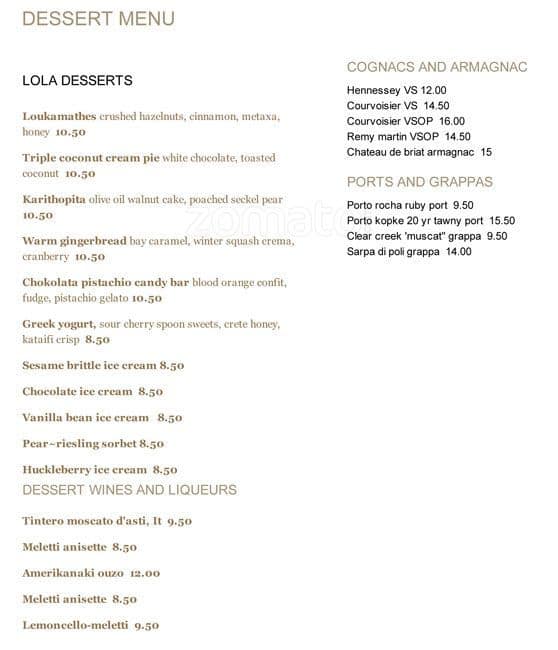Menu at Lola restaurant, Seattle