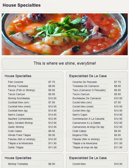 Menu at Seafood Shack pub & bar, Dallas, Webb Chapel Rd