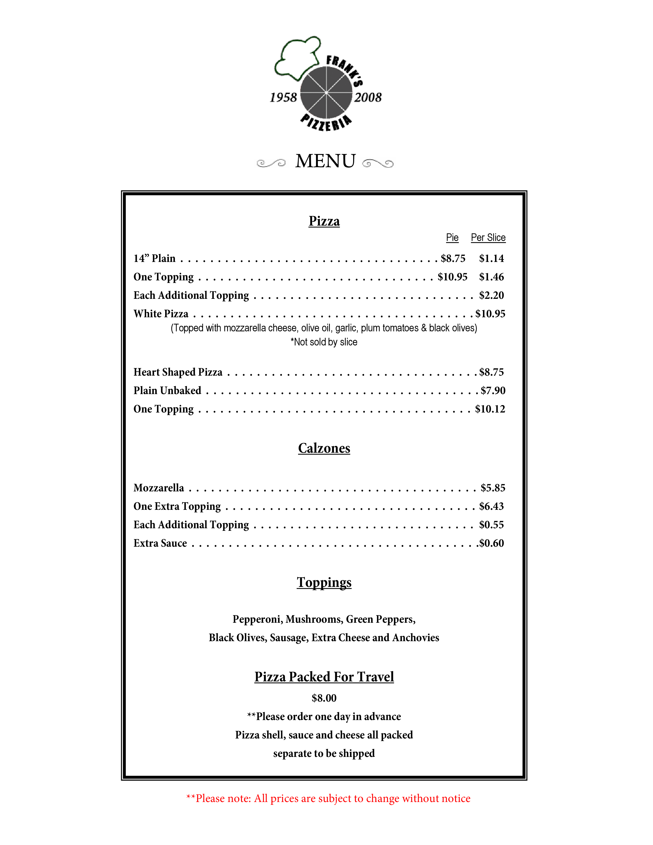 Menu at Frank's Pizzeria, Ambridge