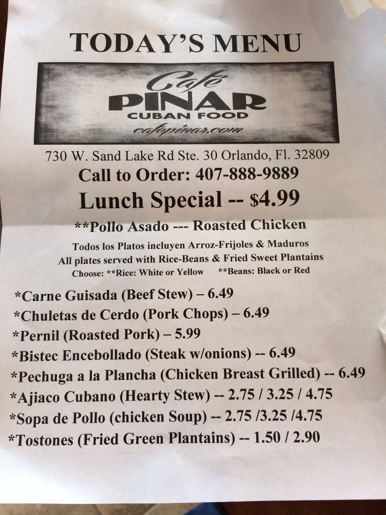 Menu at CAFE PINAR, Orlando