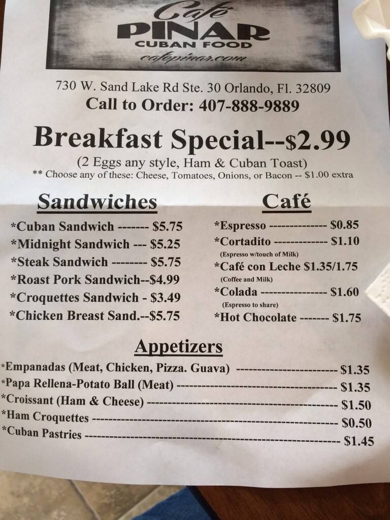Menu at CAFE PINAR, Orlando