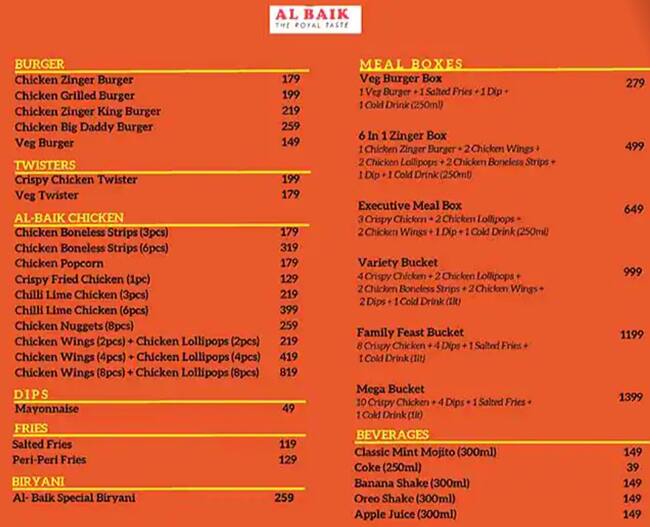 Menu of Al Baik, Margao, Goa