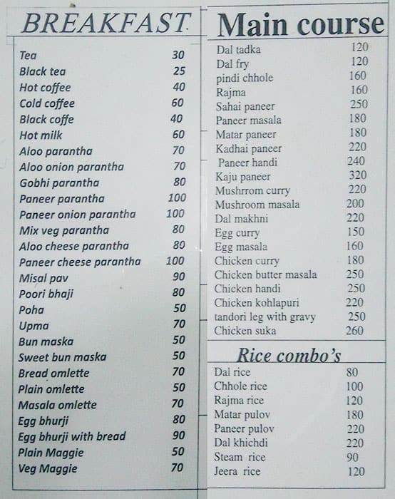 Menu of Aryan Restaurant, Kharadi, Pune