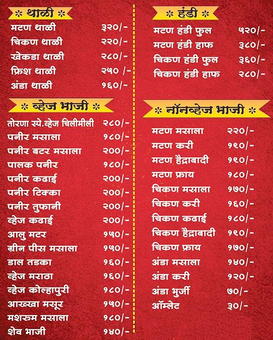 Menu of Hotel Torana, Dhankawadi, Pune