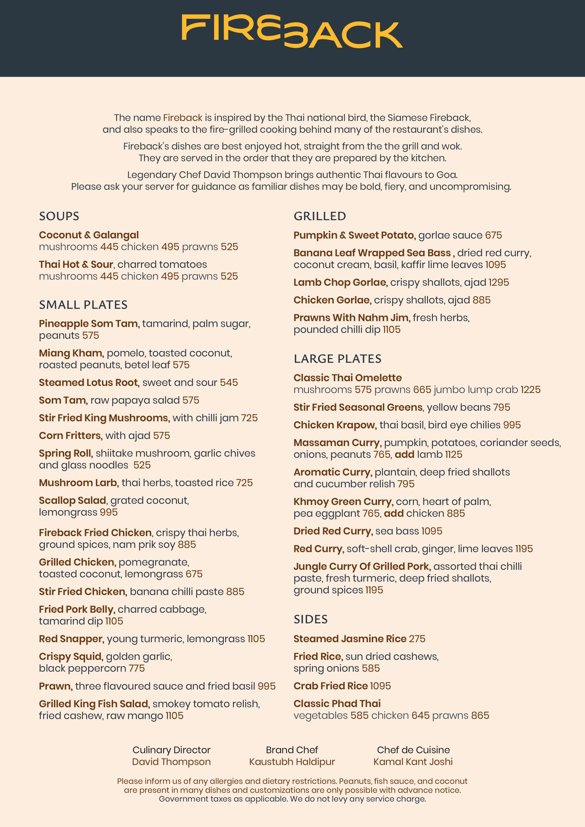 Menu of Fireback, Siolim, Goa