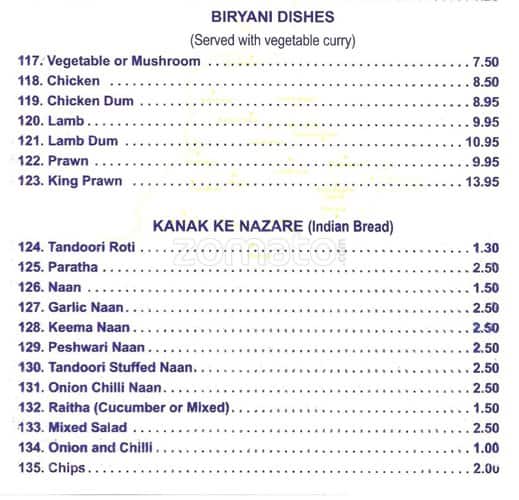 Menu at Abshar restaurant, Ilford, 43 High St