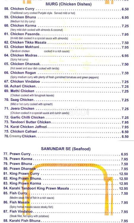 Menu at Abshar restaurant, Ilford, 43 High St