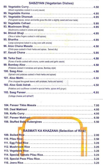 Menu at Abshar restaurant, Ilford, 43 High St