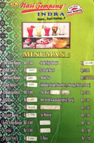 Menu at Nasi Tempong Indra restaurant, Jakarta, Ruko Daan Mogot Baru